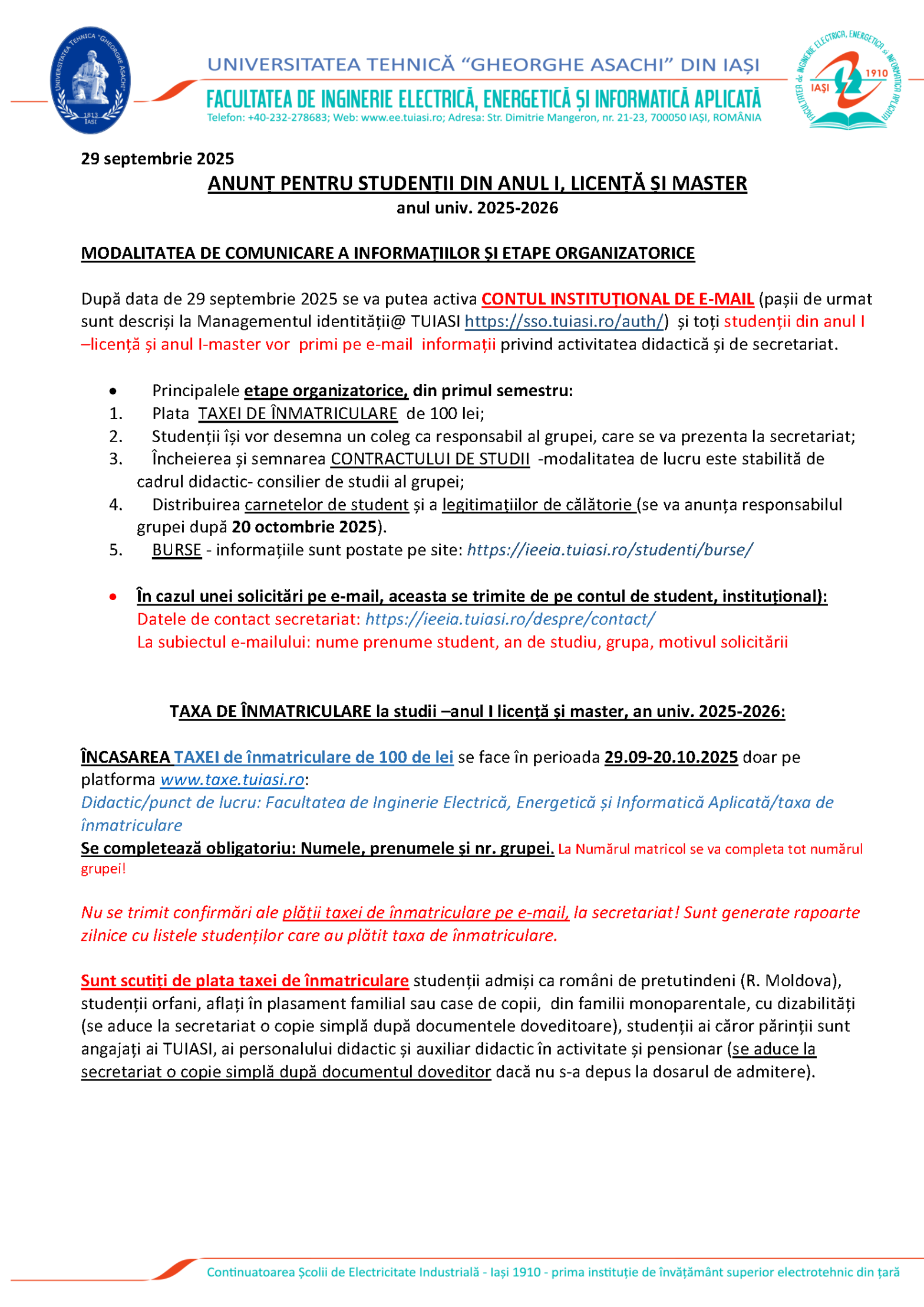 ANUNȚ PENTRU STUDENȚII DIN ANUL I, LICENȚĂ ȘI MASTER – Facultatea de ...